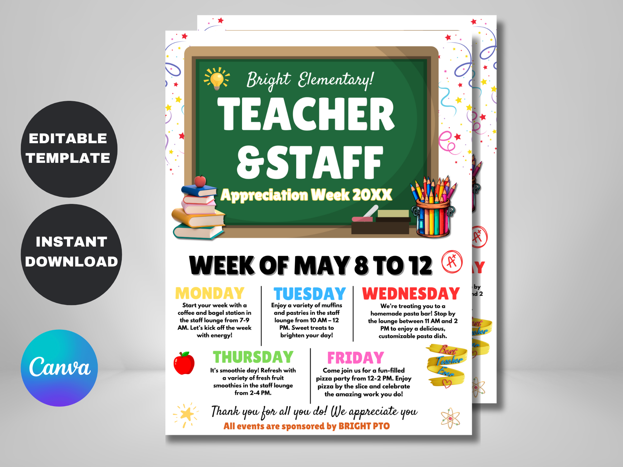 Editable Teacher & Staff Appreciation Week Flyer + Itinerary