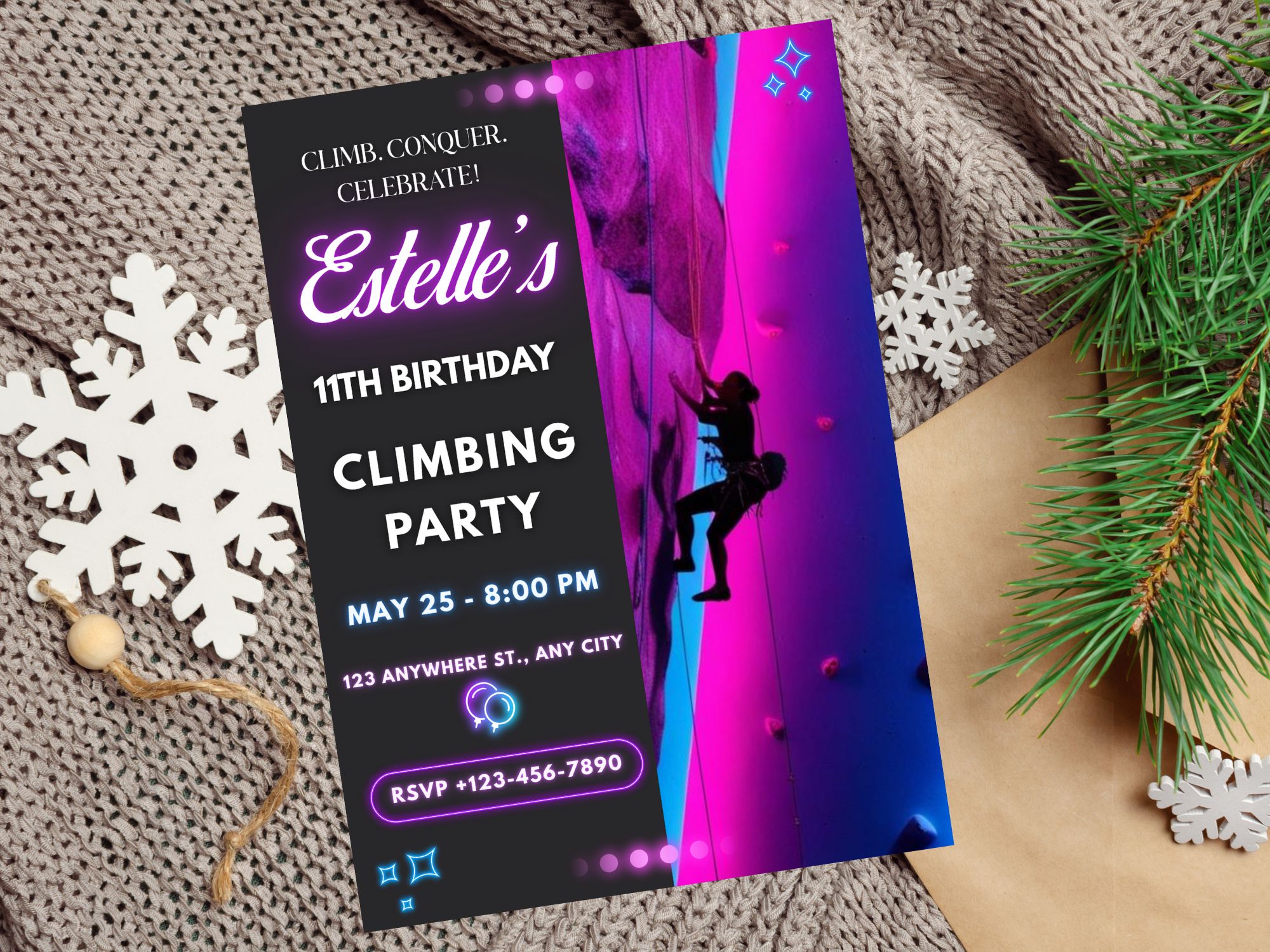 Editable Neon Rock Climbing Birthday Invitation Template - Creative Perch