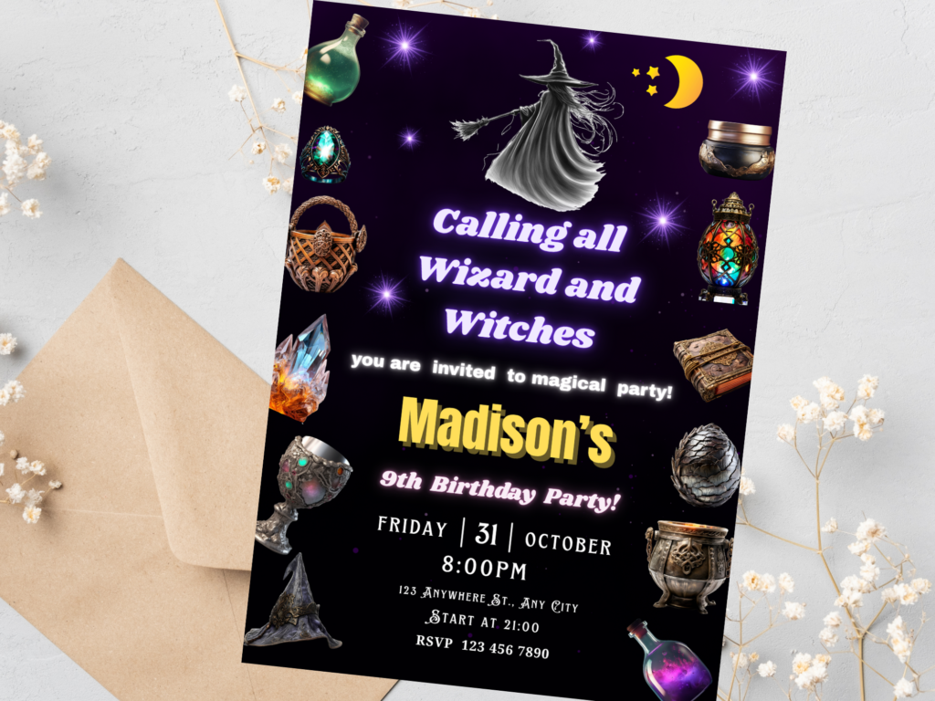 Wizard and Witch Birthday Invitation – Editable Canva Template