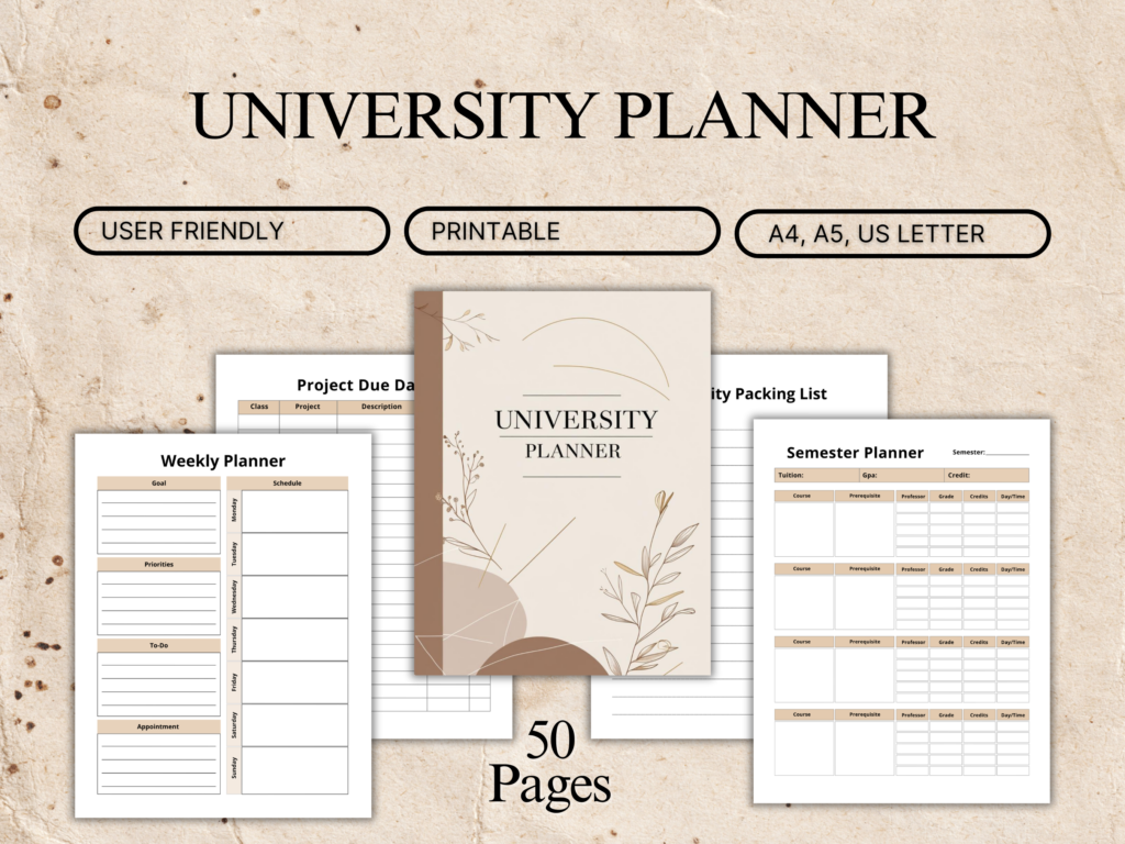 University Planner Printable (50 Pages, A4, A5, US Letter)